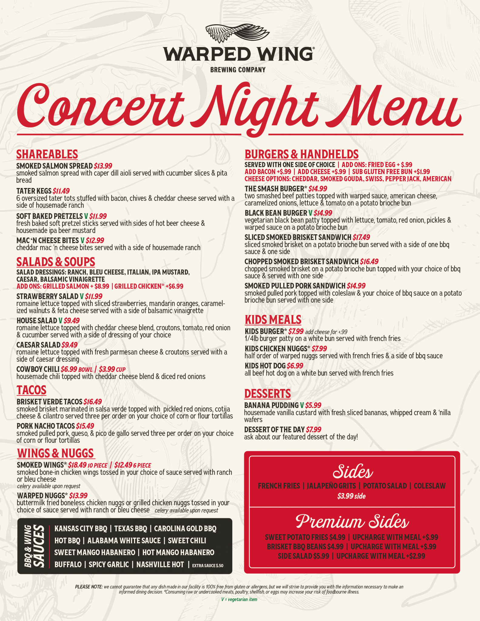 Huber Heights Concert Night Food Menu - Warped Wing Brewing Company